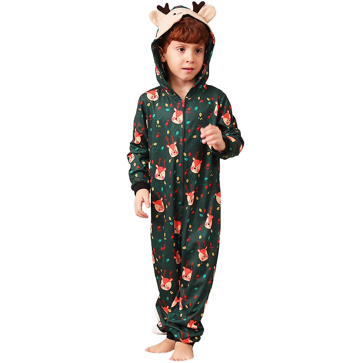 Nokpsedcb Family Christmas Pajamas Couples Kids Matching Lounge Sets Long Sleeve Hooded Deer Print Zipper Jumpsuit Sleepwear(Dad,L,A-Reindeer)