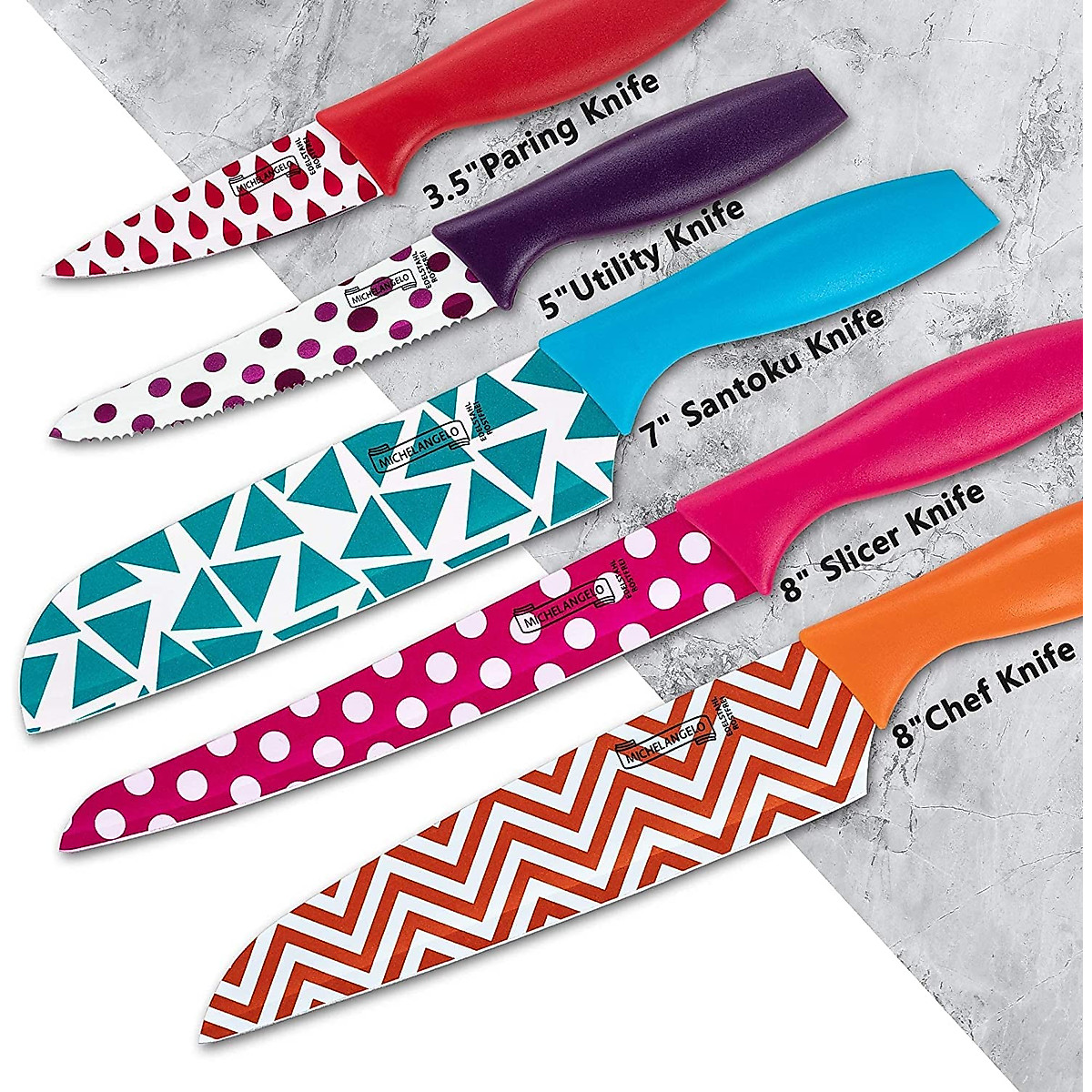 MICHELANGELO Kitchen Knife Set, 10 Piece with Nonstick Colored Coating, Sharp Stainless Steel Kitchen Knife Set, 5 Patterned Knives & 5 Sheath Covers