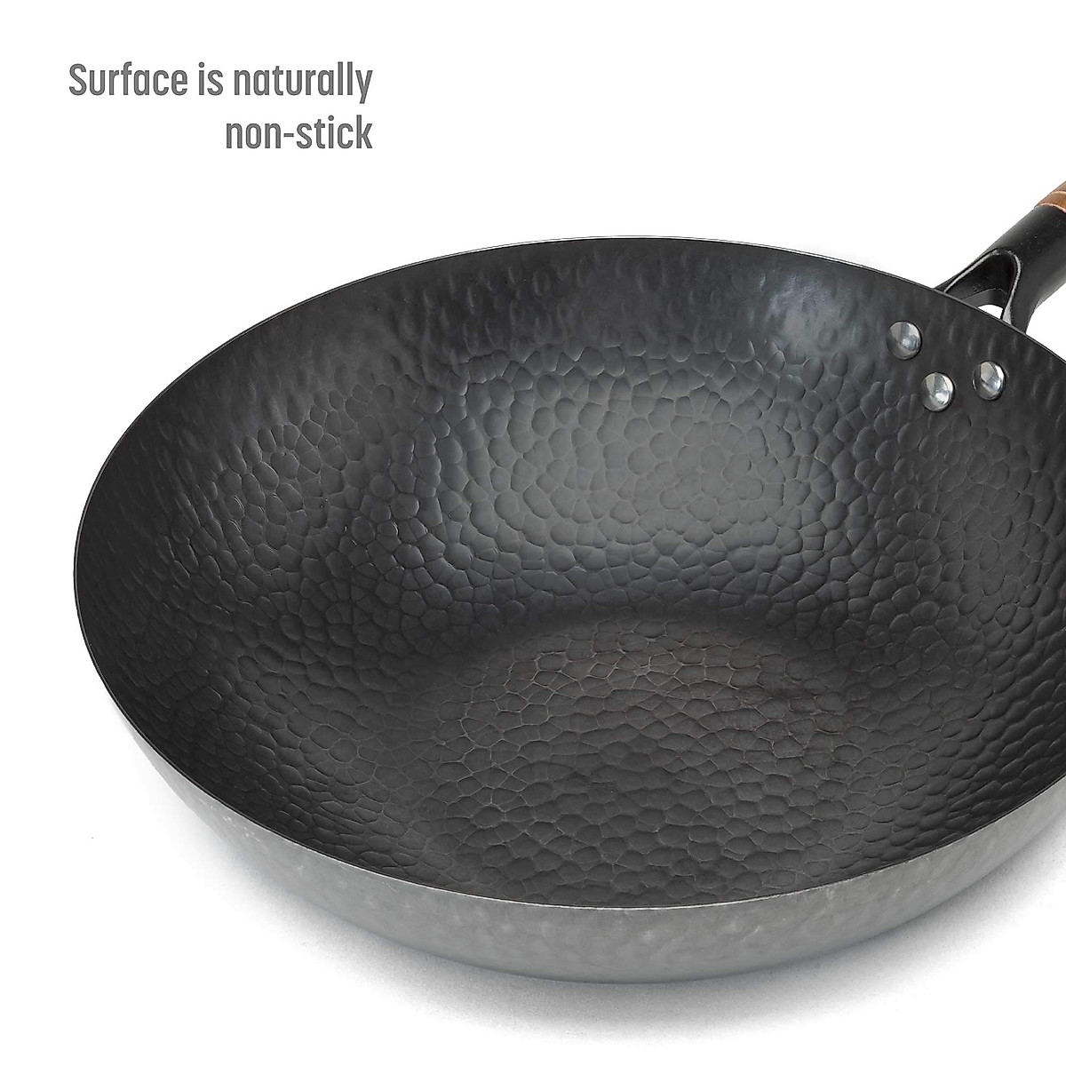 Goodful Hammered Carbon Steel 13-Inch Wok Pan with Lid, Black, Non-Stick, Compatible with Most Cooktops