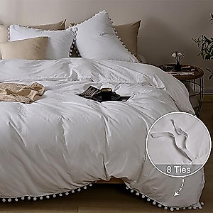 PHF 100% Washed Cotton Duvet Cover Queen Size, Ultra Soft Cotton Pom Pom Linen Like Duvet Cover Set, 3pcs Breathable Durable Duvet Cover with Pillowcases for All Seasons, 90"x90", White