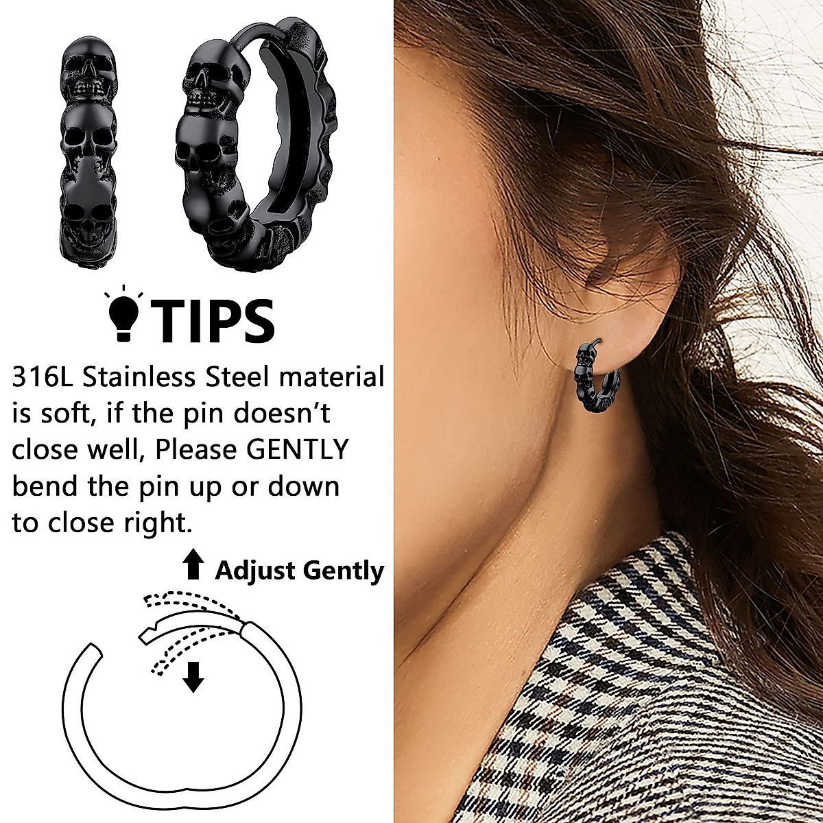 Black Skull Hoops Mens Huggie Circle Hoop Earrings for Man Gothic Punk Jewelry for Rapper Reggae Statement Ear Charms