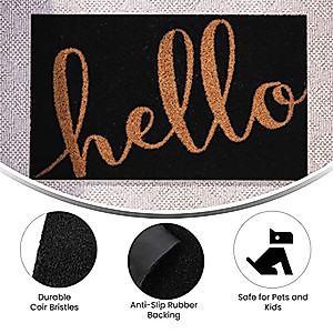 Flash Furniture Harbold Indoor/Outdoor Coir Doormat - Black Background with Natural Hello Message - 18" x 30" - Non-Slip Backing