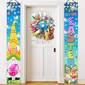 Happy Easter Banner, 71" X 12" Easter Decorations Porch Sign Easter Door Banner Easter Banners for Outside Gnome Bunny Party Colorful Eggs Easter Outside Decorations Easter Party Supplies