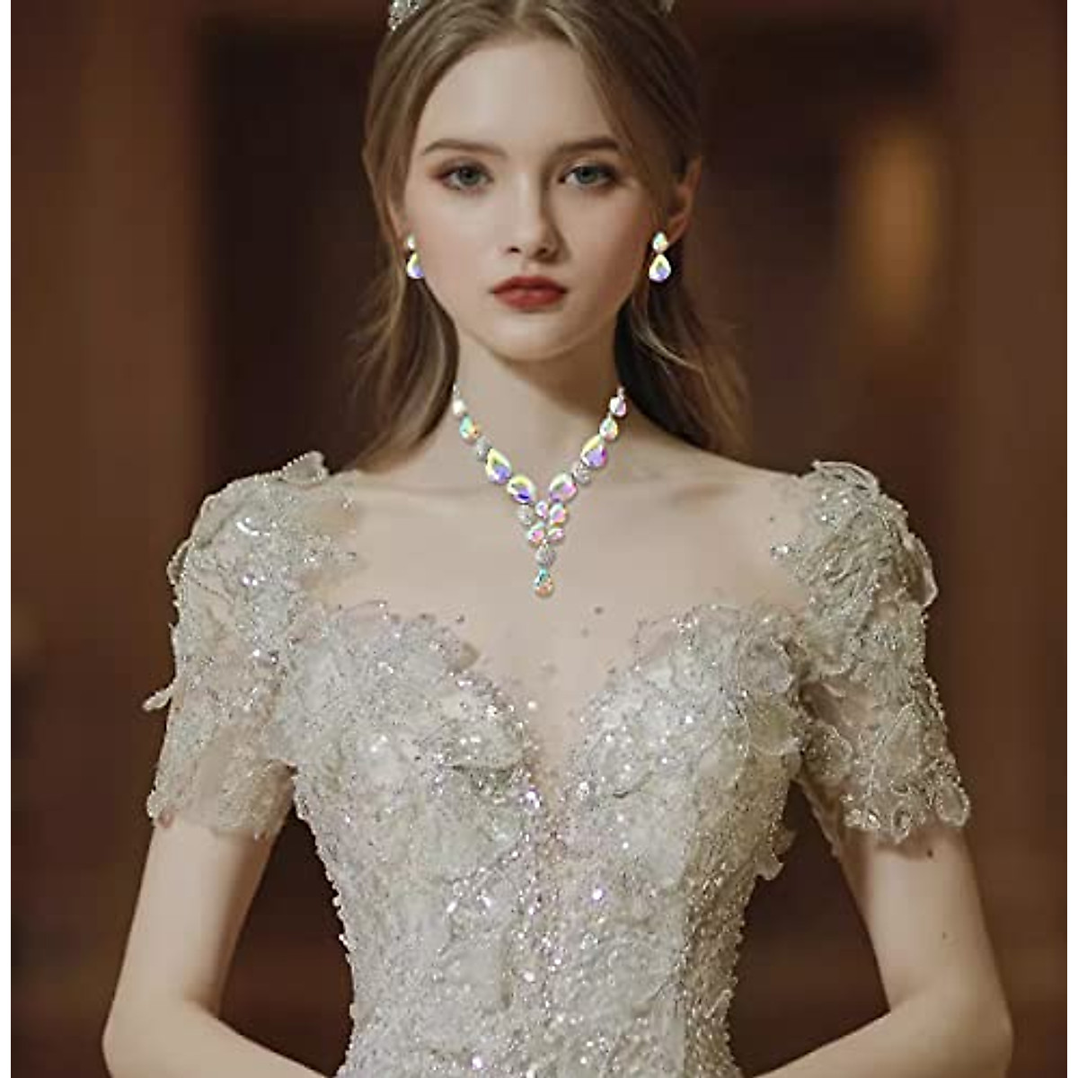 CSY Elegant Austrian Crystal Necklace Drop Earrings Bracelet Set Bridal Wedding Prom Costume Jewelry Sets for Brides Bridesmaid (iridescent AB crystal-silver tone)