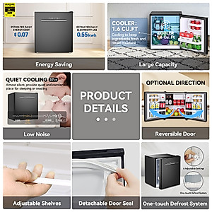 Frestec 1.6 Cu.Ft Mini Fridge with freezer, Compact Refrigerator with Freezer, 6 Adjustable Temperature, 37 dB Low Noise, Reversible Door, Small Fridge for Dorm Bedroom and Office(black)