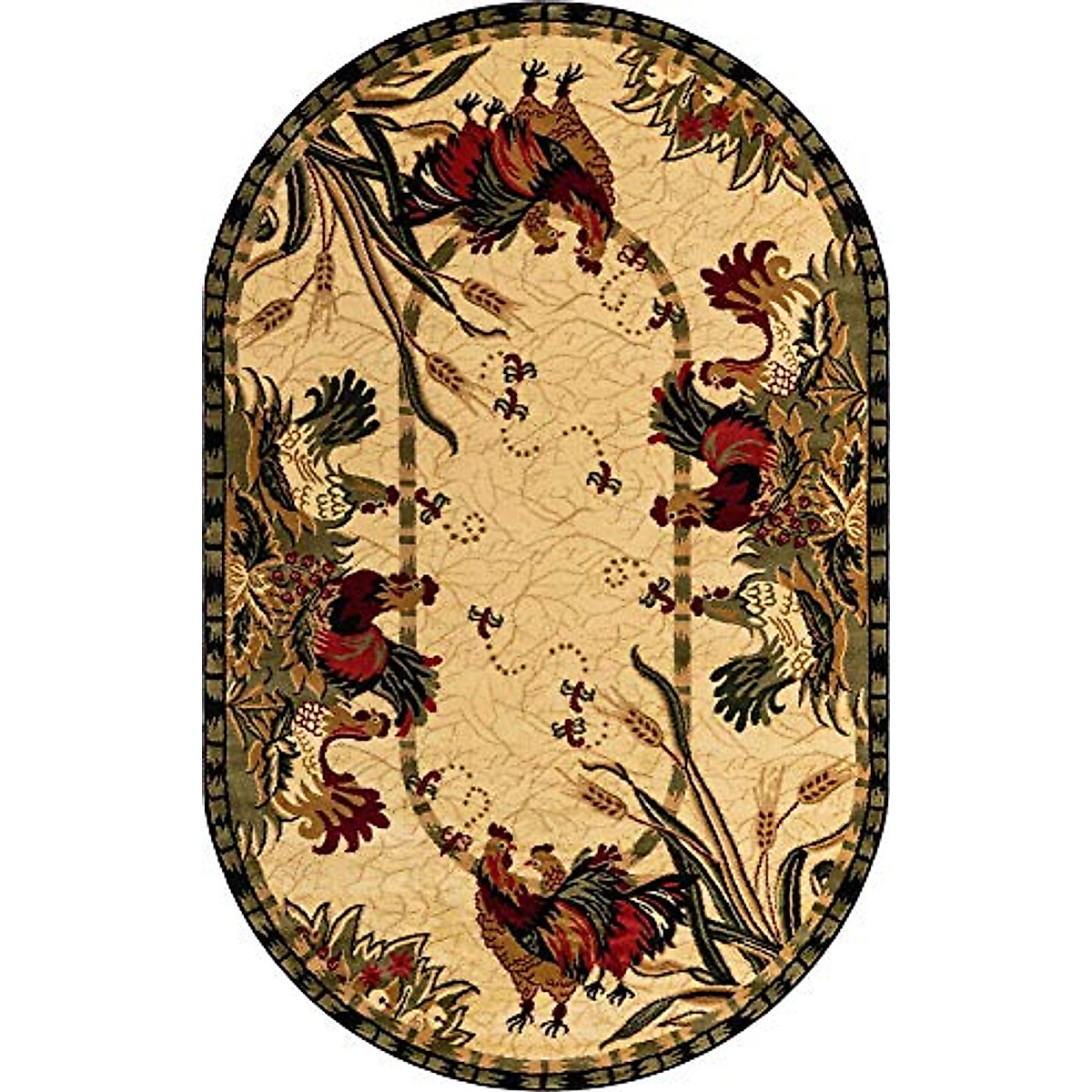 Unique Loom Barnyard Collection French Country Inspired Cottage Rooster Design Area Rug (3' 3 x 5' 3 Oval, Ivory/Olive)