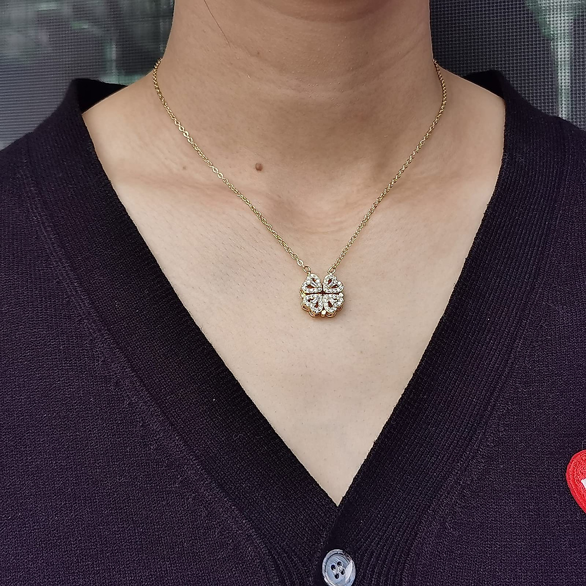 Vivkunulo Four Leaf Clover Necklace, 14K Gold Plated, Heart Convertible Necklace, for Women, 15.8”+2”inch (Yellow Gold)