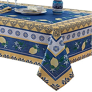 Home Bargains Plus Provence Blue Lemon Mediterranean Garden Country French Fabric Tablecloth, Indoor Outdoor, Stain and Water Resistant, Wrinkle Free Tablecloth, 60” x 144” Oblong/Rectangle