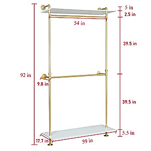 MDEPYCO Modern Simple Industrial Metal Pipe Double Hanging Rods Clothing Rack,Retail Wall Mounted Display Storage Clothes Bag Hanging Shelf,2 Tier Wood Garment Rack (One Shelves,Gold, 59" L)