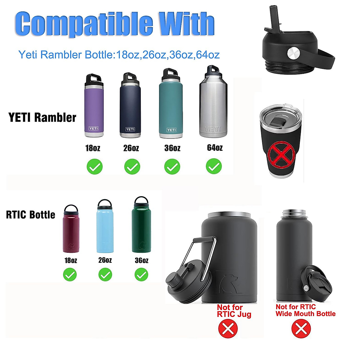 Straw lid for Yeti Rambler Water Bottle 18 26 36 64 oz, Replacement Cap Straw Cap for RTIC and Yeti Bottle, Lid with Straws and Brush and Flexible Handle