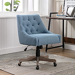 HomSof Modern Mid-Back Desk, Adjustable Height Swivel Home Office, Accent Chair with Wheels and Wood Base, Linen, Blue