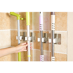 LIEJIE Mop and Broom Holder Wall Mounted Mop Organizer Holder Broom Mop Holder Brush Broom Hanger Storage Rack Kitchen Tool and Garden Tool Hanger Organizer Rake with 2 Racks (White)