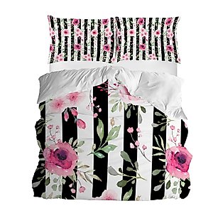 Pink Flowers Illustration Duvet Cover Sets Black and White Stripe Bedding Sets 3 Pcs Comforter Covet Set Including 1 Quilt Cover 2 Pillow Cases, California King Comforter Cover Set with Zipper Closure