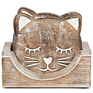 NIRMAN Wooden Crafted Unique Adorable Cat Shaped Coasters Set of 6 with Holder, Bar Dining Table Home Décor