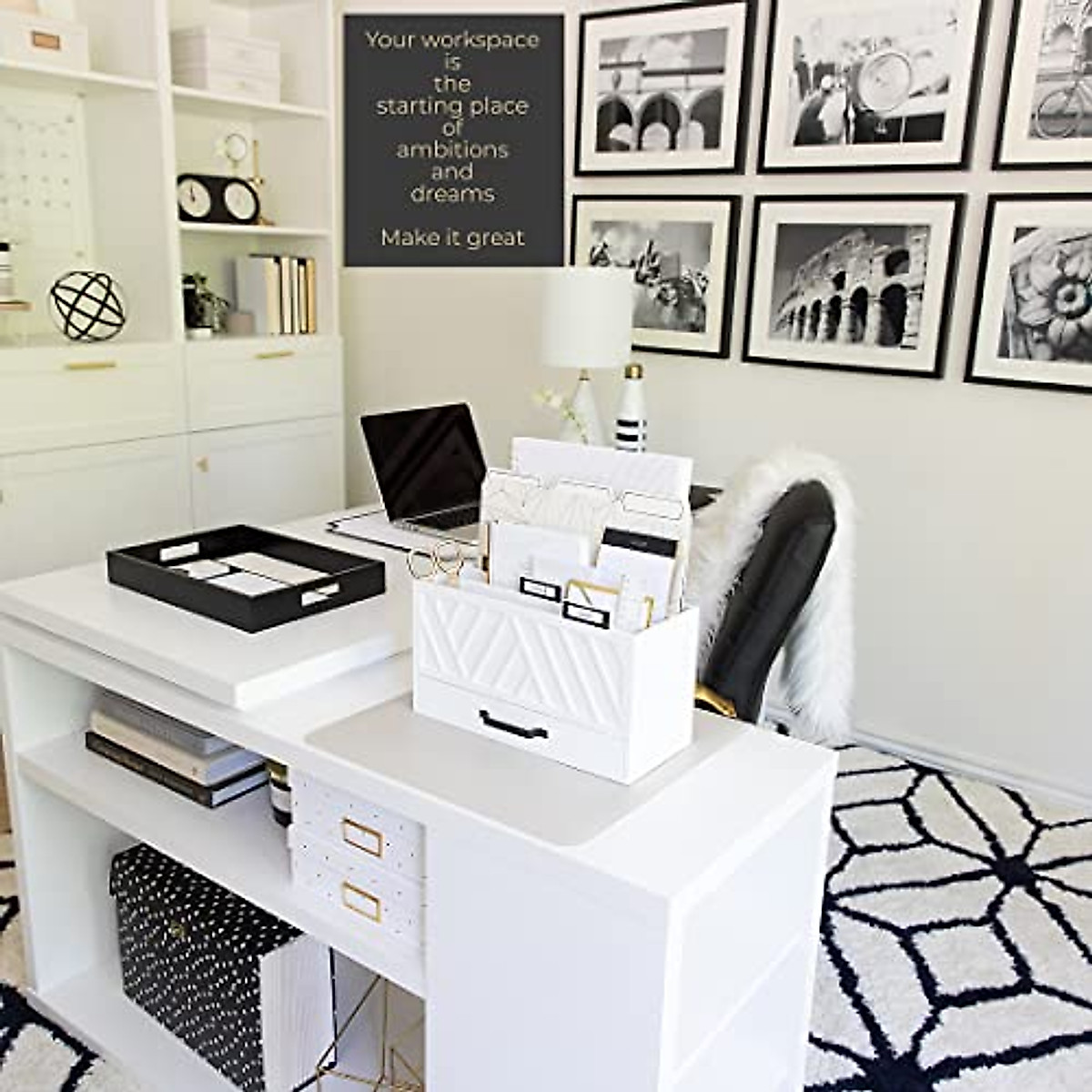 White Mail Organizer - Desktop Mail Holder - Office Desk Organizers Storage with Drawer - Paper File Folder Desk Organization - Desk Accessories & Workspace Organizers by Blu Monaco