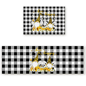 2 Pieces Kitchen Rug Set Non-Slip Backing Mat Throw Rugs Doormats Summer Daisy Farm Bee Gnome Absorbent Area Runner Carpet for Bathroom Black and White Grid