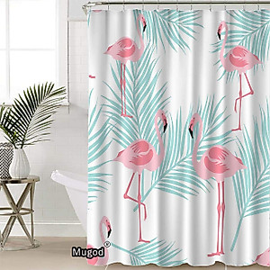 Mugod Pink Flamingo Shower Curtains Seamless Pattern Flamingo Standing on Tropical Leaves and White Background Decorative Bathroom Waterproof Fabric Shower Curtain with 12 Hooks 60 x 72 Inches
