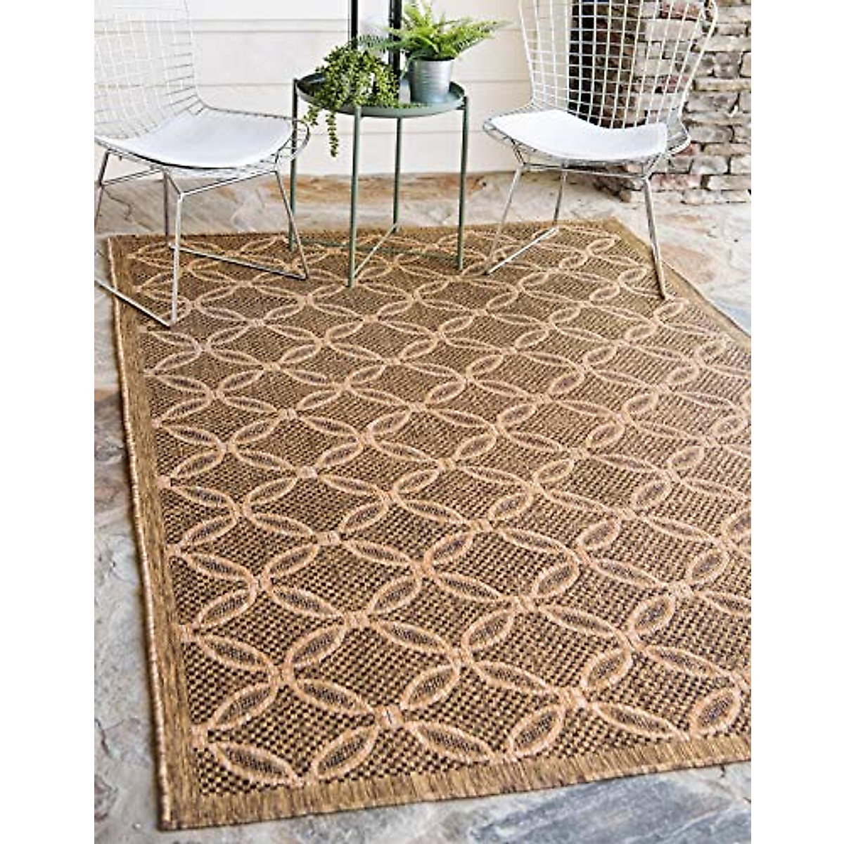 Unique Loom Trellis Collection Area Rug-Geometric Border Design, Moroccan Inspired for Indoor/Outdoor Décor, 8 ft x 11 ft 4 in, Light Brown/Brown