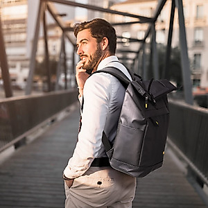 MIER Rolltop Travel Backpack for Men Women Water Resistant Carry on Casual Commuter Back Pack with Multiple Pockets for Work Business College Trip, 23L, Black