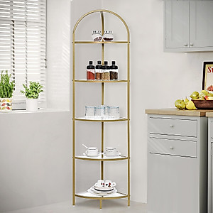 Homhedy 5-Tier Corner Shelf Stand, Metal Corner Bookshelf, Tempered Glass Shelves, Bathroom Storage Rack Shelf, Plant Stand, Modern Style,Golden