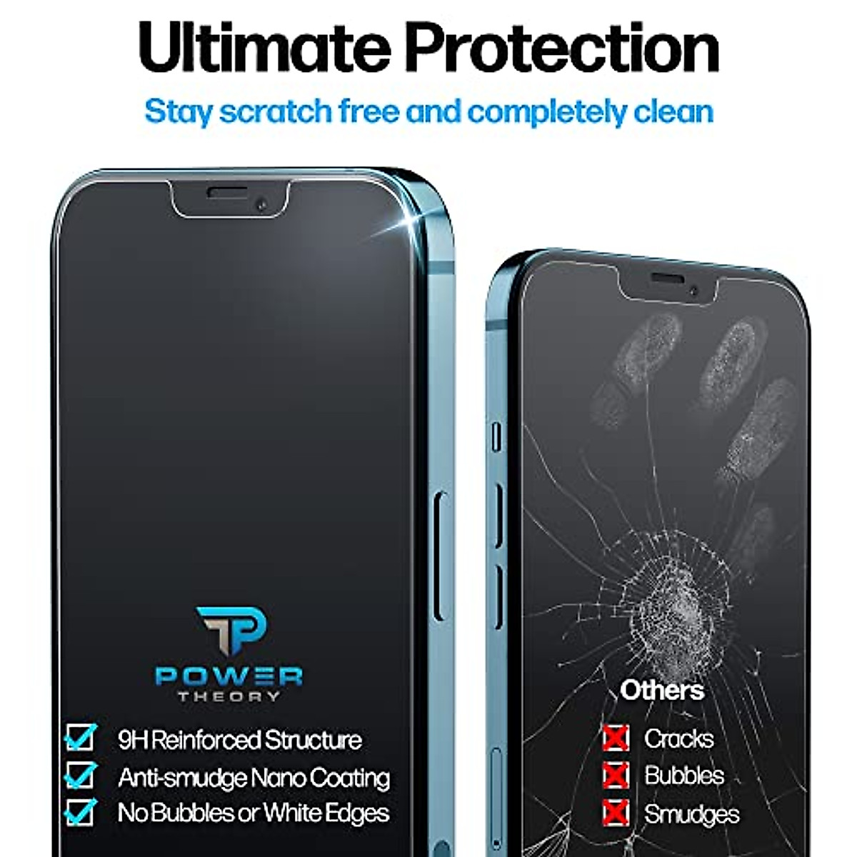 Power Theory Designed for iPhone 12 Pro Max Screen Protector Tempered Glass [9H Hardness], Easy Install Kit, 99% HD Bubble Free Clear, Case Friendly, Anti-Scratch, 2 Pack