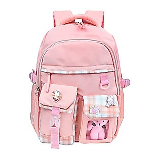KingBig Girls School Backpack with Cute Pin Accessories Plush Pendant Kawaii School Backpack Cute Aesthetic Backpack for Teens Girls Women Students (Pink)
