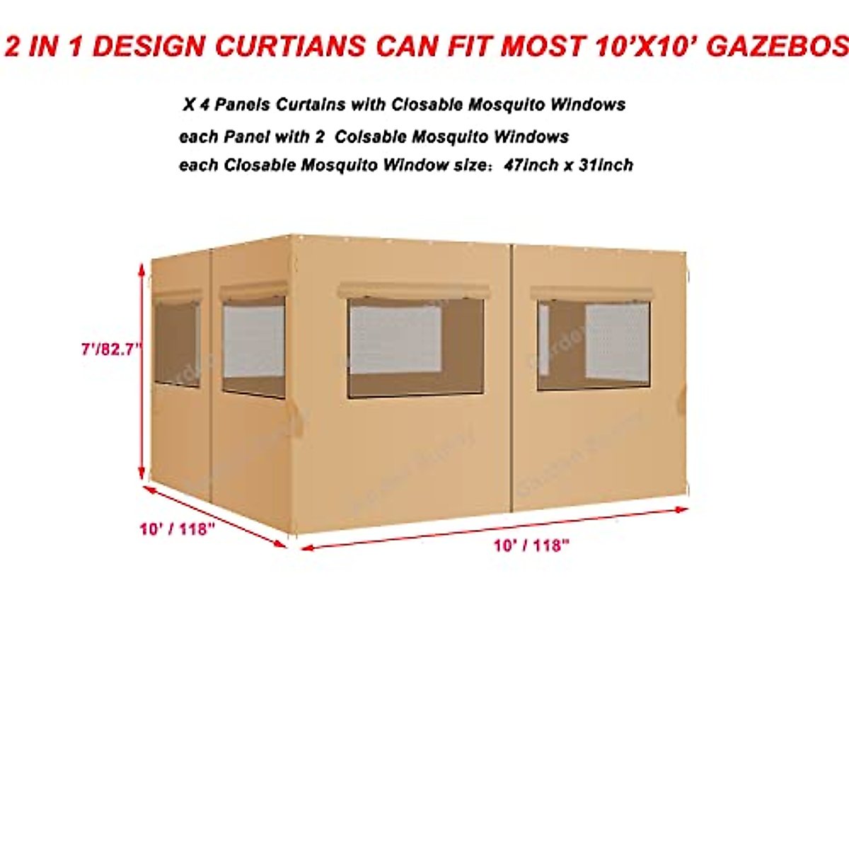 Garden Sunny 10'x10' Gazebo Universal Replacement Privacy Curtains with Mosquito Windows - Closable Screen with Zipper 2 in 1 Design 4-Panels Protecting Shade Set (Only Sidewasll and Netting)- Khaki