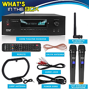 Pyle 1000W Bluetooth Home Theater Karaoke Receiver - 5.2-Ch Stereo Amplifier 2 UHF Wireless Microphone Video Pass-Through Supports, MP3/USB/HDMI/AM/FM Radio - Pyle PT888BTWM , Black