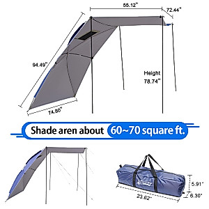 UBOWAY Awning Sun Shelter: Waterproof Auto Canopy Camper Trailer Tent Roof Top for SUV Minivan Hatchback Camping Outdoor Travel 5-6Persons