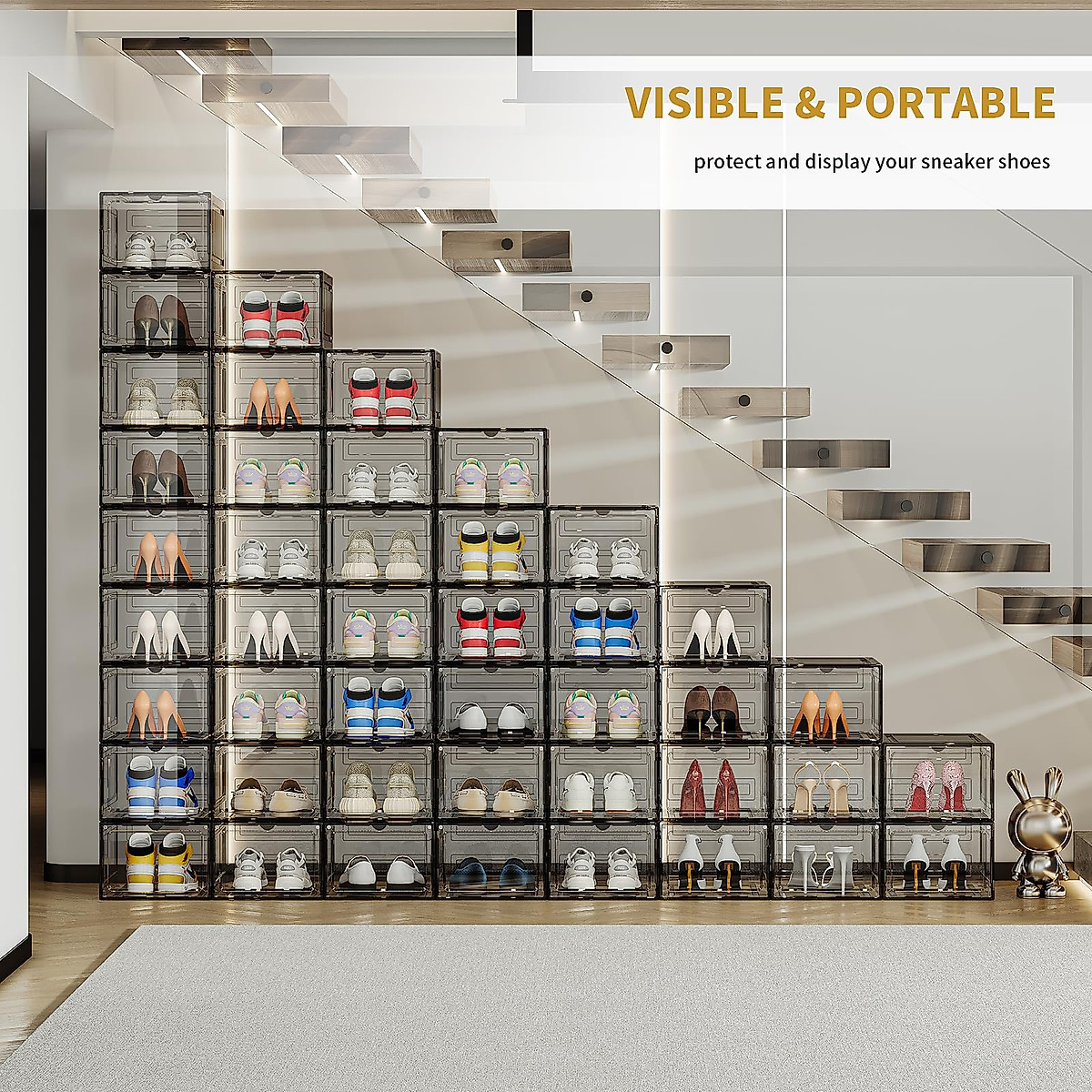 Upgraded Thickened Sturdy Large Shoe Boxes Clear Plastic Stackable 8 Pack Shoe Storage Organizer for Closet/Entryway, Drop front Shoe Box with Magnetic Door, Shoe Display Case, Fit up to US size 14