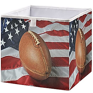 visesunny Closet Baskets Football Usa Flag Storage Bins Fabric Baskets for Organizing Shelves Foldable Storage Cube Bins for Clothes, Toys, Baby Toiletry, Office Supply