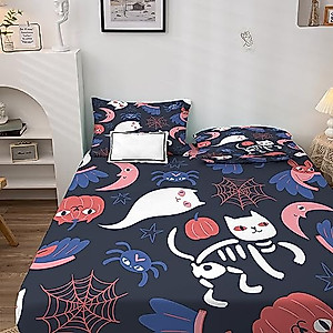 Halloween Sheets Full Size, Ghost Spider Web Cat Bed Sheets, Patterned Bedding Sheets & Pillowcases 4 Piece Set - Soft Microfiber Deep Pocket Fitted Sheet & Flat Sheet & 2 Pillow Cases M9-&-83