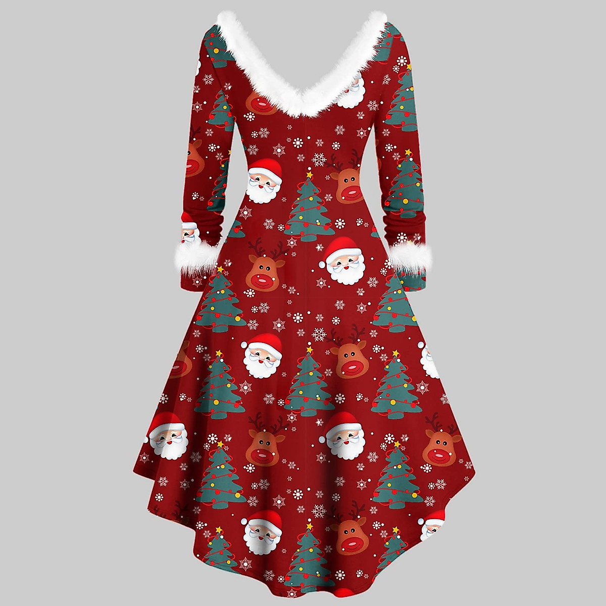 Red Dresses for Women Sexy Santa Christmas Printed Midi Dresses Furry V-Neck A-Line Swing Party Dress Cosplay Costume