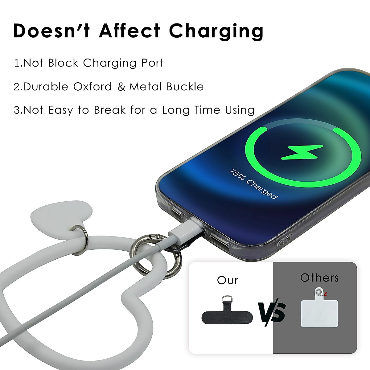 Luckyvestir Silicone Phone Lanyard, Heart Cell Phone Hand Wrist Strap with 2 Universal Tether Tab Smartphone Key Chain Wristlet Bracelet (White)