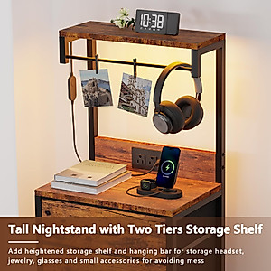 Furnulem Tall Nightstand with Charging Station, Night Stands with LED Lights and Storage Shelves, Bed Side Table for Bedroom, Hallway, Office, 4 Fabric Drawers, Rustic Brown