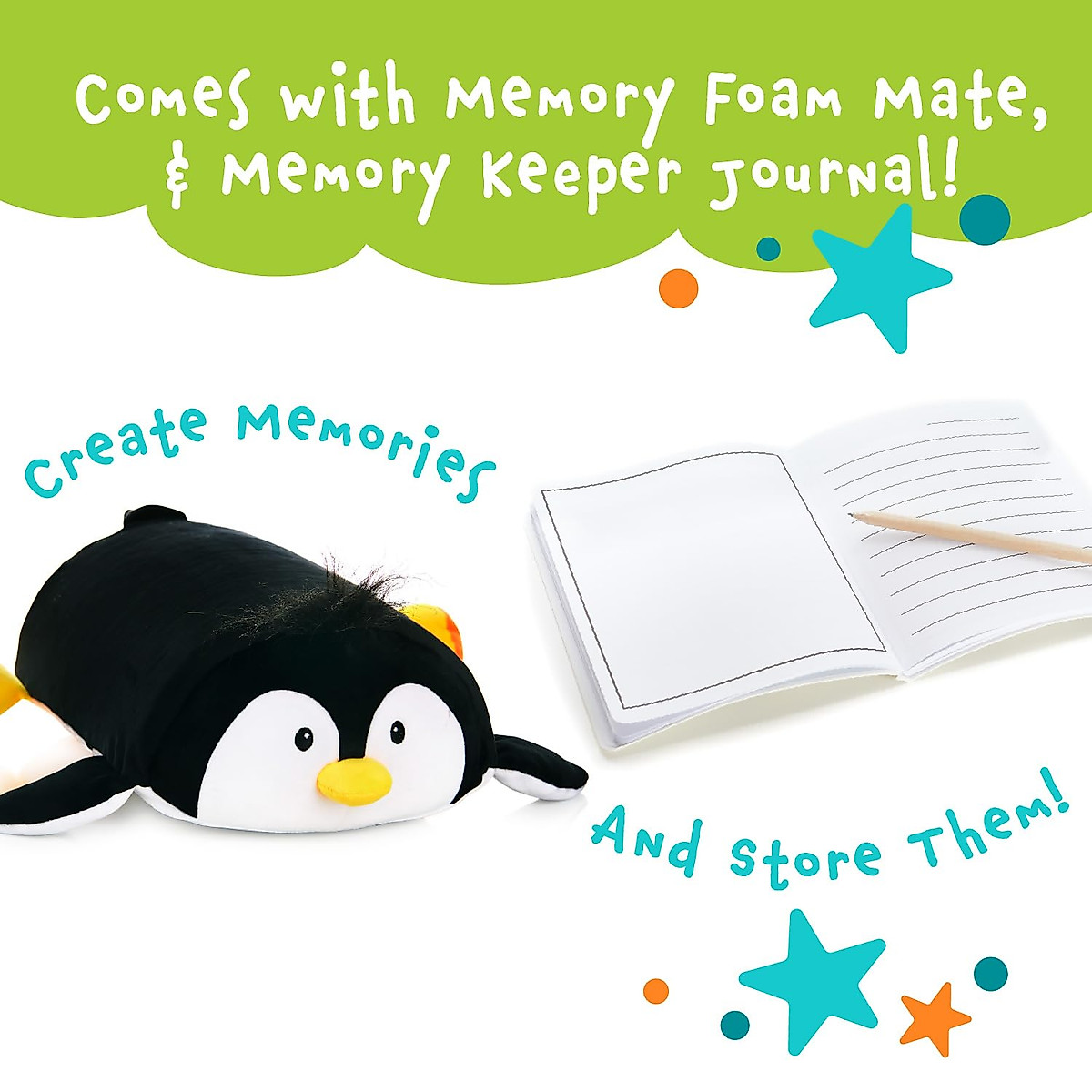 MEMORY MATES Cuddly Memory Foam Pillow Plush with Belly Pocket, Kids Pillow for Hugging Sleeping & Storing Diary, 15” Stuffed Animal & Journal Set - Waddles The Penguin