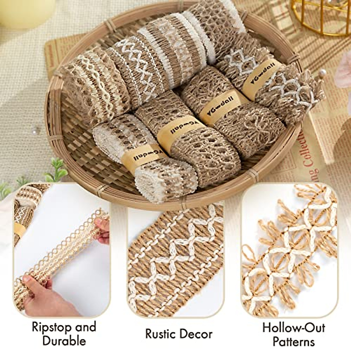 VGOODALL Jute Ribbons, 8 Rolls Burlap Lace Ribbons Rustic Ribbons for Crafts Gift Wrapping Party Decor