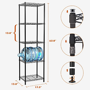 YisanCrafts 5 Tier Fixed Layer Spacing Storage Shelf Metal Storage Rack Wire Shelving Unit Storage Shelves Metal 660Lbs Capacity 17" L x 13" W x 63" H for Pantry Closet Kitchen Laundry Black