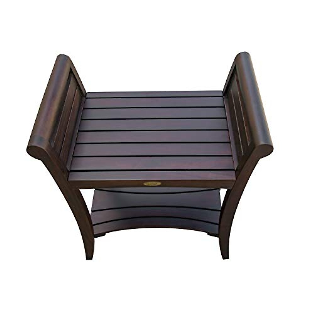 DecoTeak Symmetry Teak Shower Bench 24" Long Extended Height Wood Shower Stool with Shelf and LiftAide Arms Shower Bench in Woodland Brown Finish
