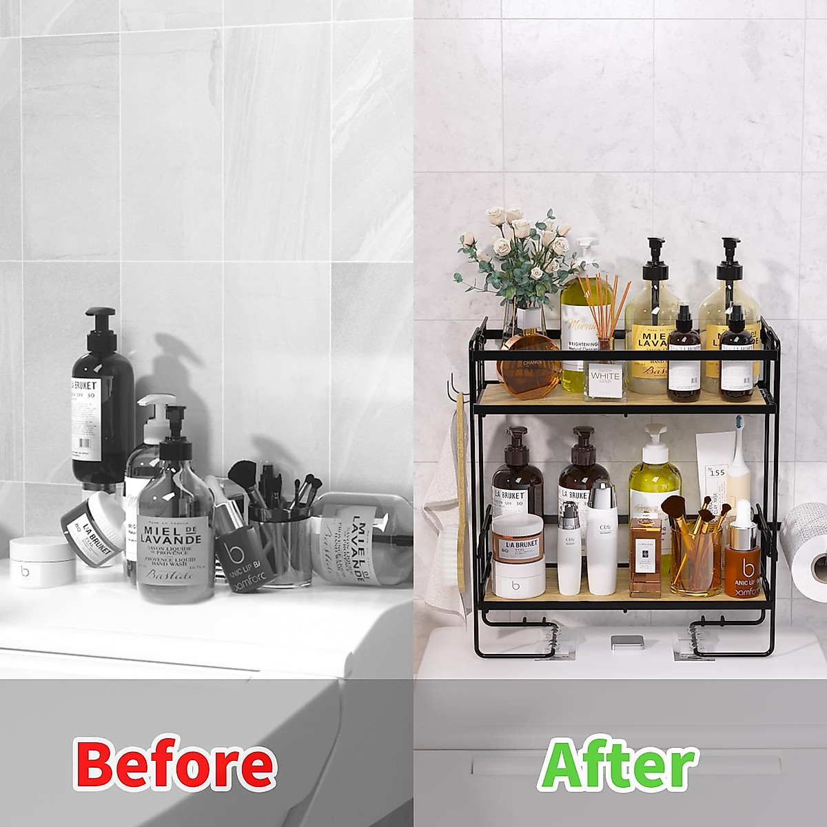 NUTSAAKK Over Toilet Storage Shelf, 2-Tier Bathroom Organizers and Storage with Wooden Bottom Plate, Above Toilet Storage with Non-Trace Adhesive (Black)