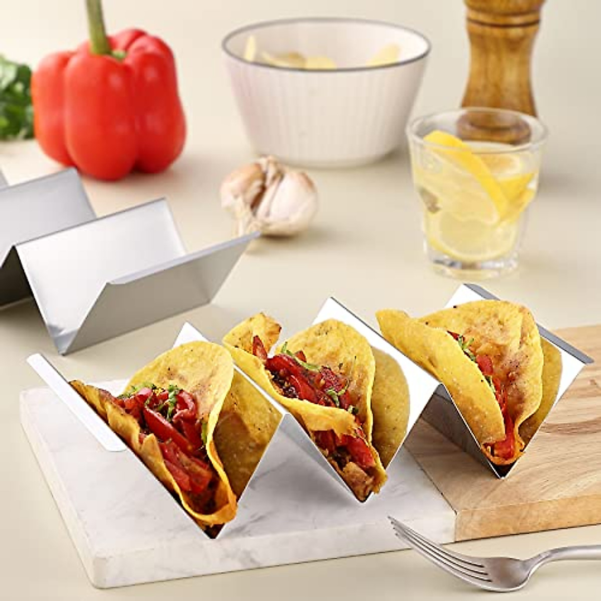 Taco Holder Stands Set of 4 – 2PCS Stainless Steel Taco rack tray and 2PCS Steak Knives – Perfect Combination for Taco Tuesday & Taco Bar - Dishwasher & Microwave Safe