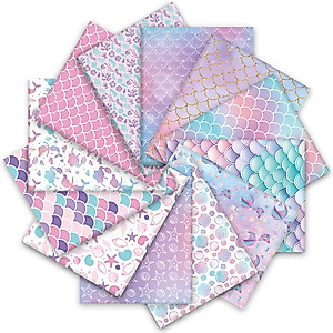 Whaline 12Pcs Mermaid Cotton Fabric Bundles Colorful Mermaid Scales Fat Quarters Underwater Quilting Patchwork for DIY Handmade Craft Party Decor, 18 x 22 Inch