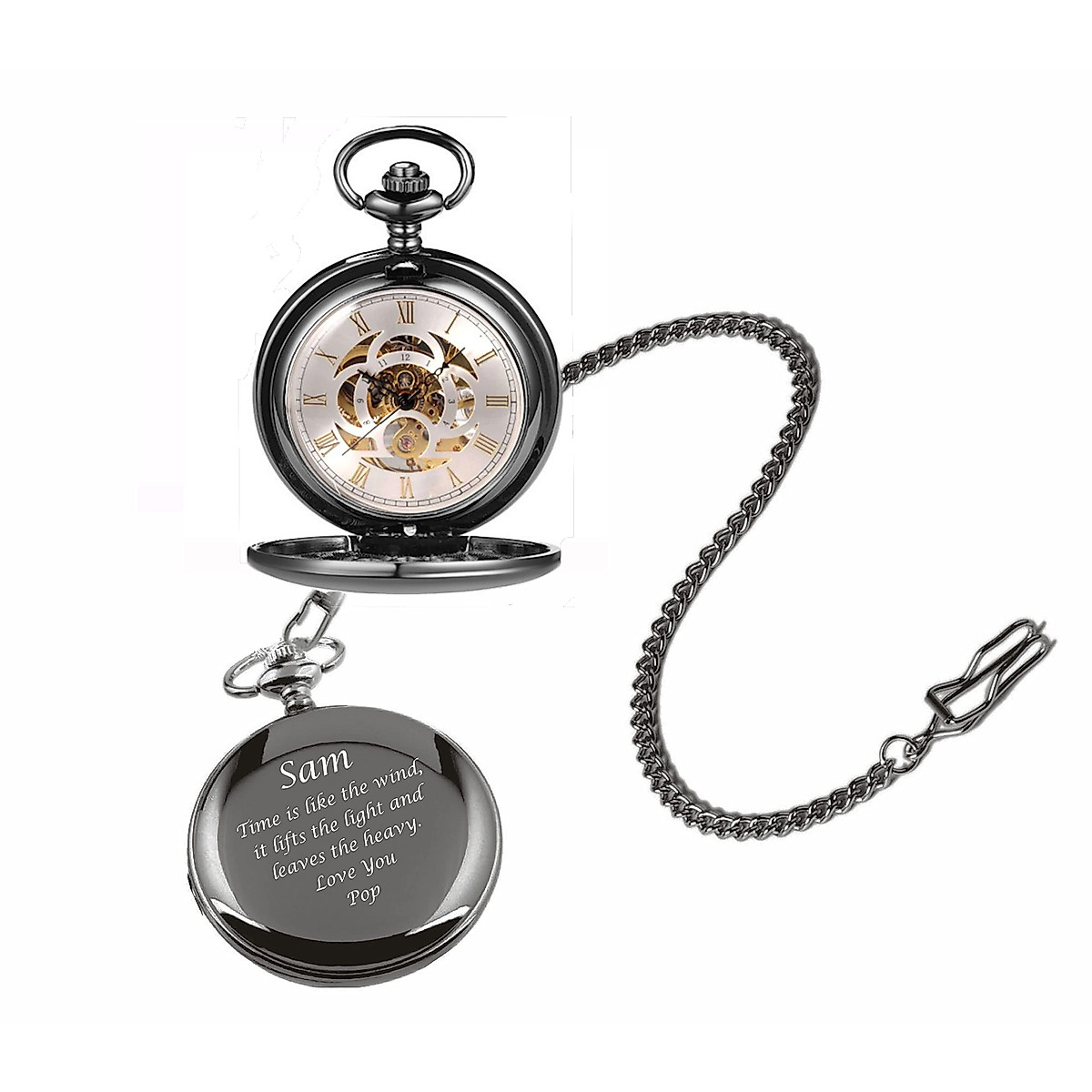 Personalized Antique Mechanical Movement Gunmetal Pocket Watch Custom Engraved Free with Gift Box - Ships from USA, PW51