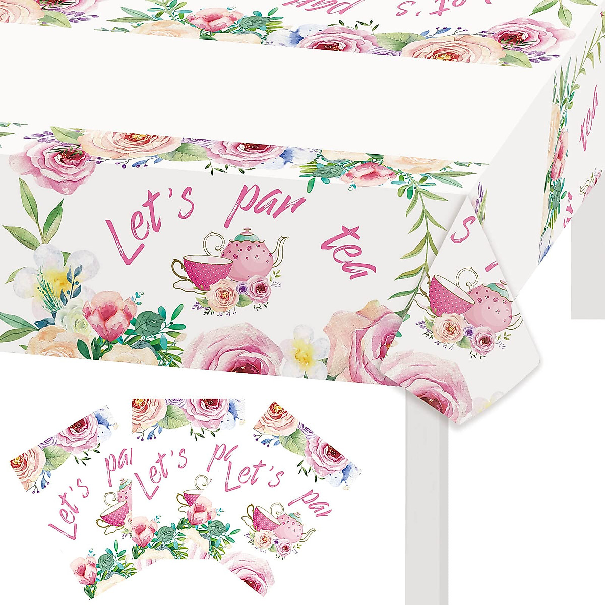 3PCS Let's Par Tea Tablecloth 42.6" x 70.8" Tea Time Party Table Covers High Tea/Floral Tea/Teapot Teacups/Par Tea Themed Bridal Shower Engagement Bachelorette Party Supplies Decorations Photo Prop