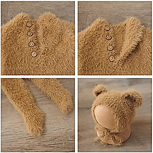 Newborn Photography Props Boy Outfits Bear Baby Girl Photo Props Outfits Hat Footed Romper Sleeved Stretch Set for Photoshoot (Brown)