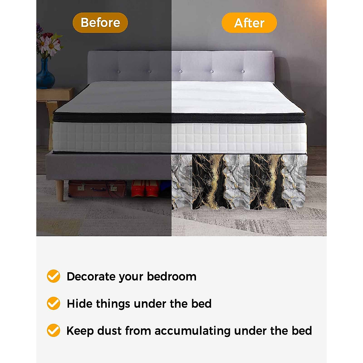 Marble Black Bed Skirt Cal King Size 18 Inch Drop, Adjustable & Elastic Wrap Around Bed Skirts Pleated Luxury Dust Ruffles for Twin Full Queen Cal King Base Bed, Gold Grey Modern Abstract Marbling