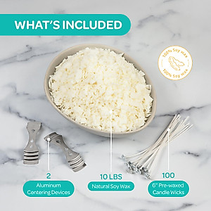 Hearts & Crafts Natural Soy Candle Wax and Candle Making Wax Supplies - 10 lbs Soy Wax for Candle Making - 100 6-Inch Pre-Waxed Candle Wicks - 2 Metal Centering Devices - 10 Pounds Soy Wax Flakes