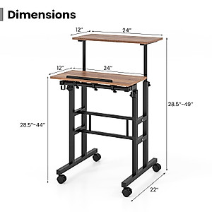 Tangkula Mobile Standing Desk, Height-Adjustable Laptop Podium Cart with Tilting Tabletop & Adjustable Angle, Rolling Stand Up Computer Desk with 2 Hanging Hooks & Lockable Casters for Home Office