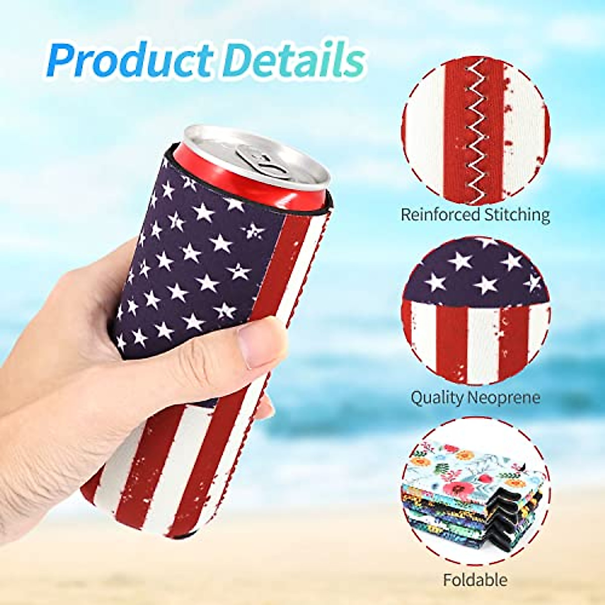 Neoprene Slim Beer Can Cooler Tall Stubby Holder Foldable Stubby Holders Beer Cooler Bags Fits 12oz Slim Energy Drink & Beer (Classic Style(12Pack))