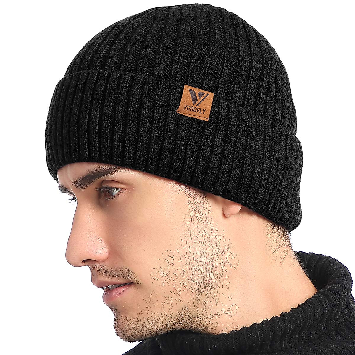 Vgogfly Lined Men Beanie Slouchy Knit Skull Cap Warm Stocking Hats Guys Women Striped Winter Beanie Hat Black